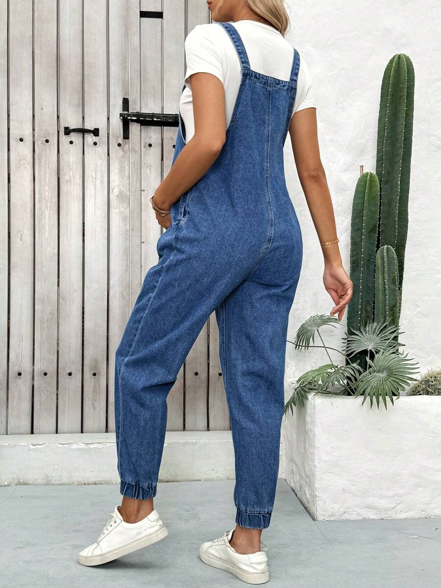 SHEIN Pregnant Women Basic Tight-Fitting Blue Denim Bib Overalls | SHEIN UK