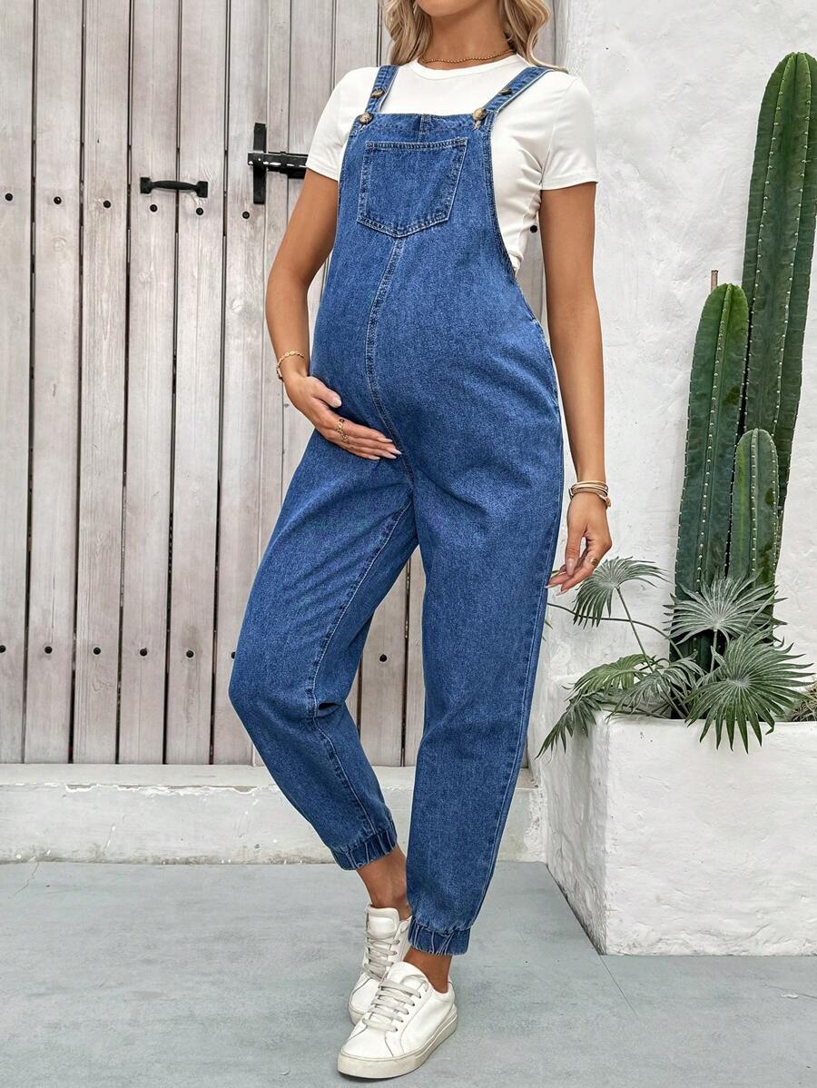 SHEIN Pregnant Women Basic Tight-Fitting Blue Denim Bib Overalls | SHEIN UK