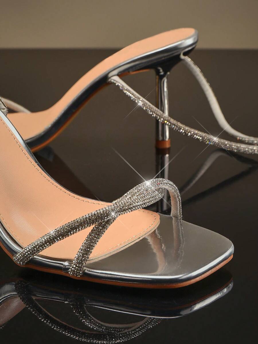 SHUZIA Open Toe Low Heel Silver Dress Shoes | SHEIN USA