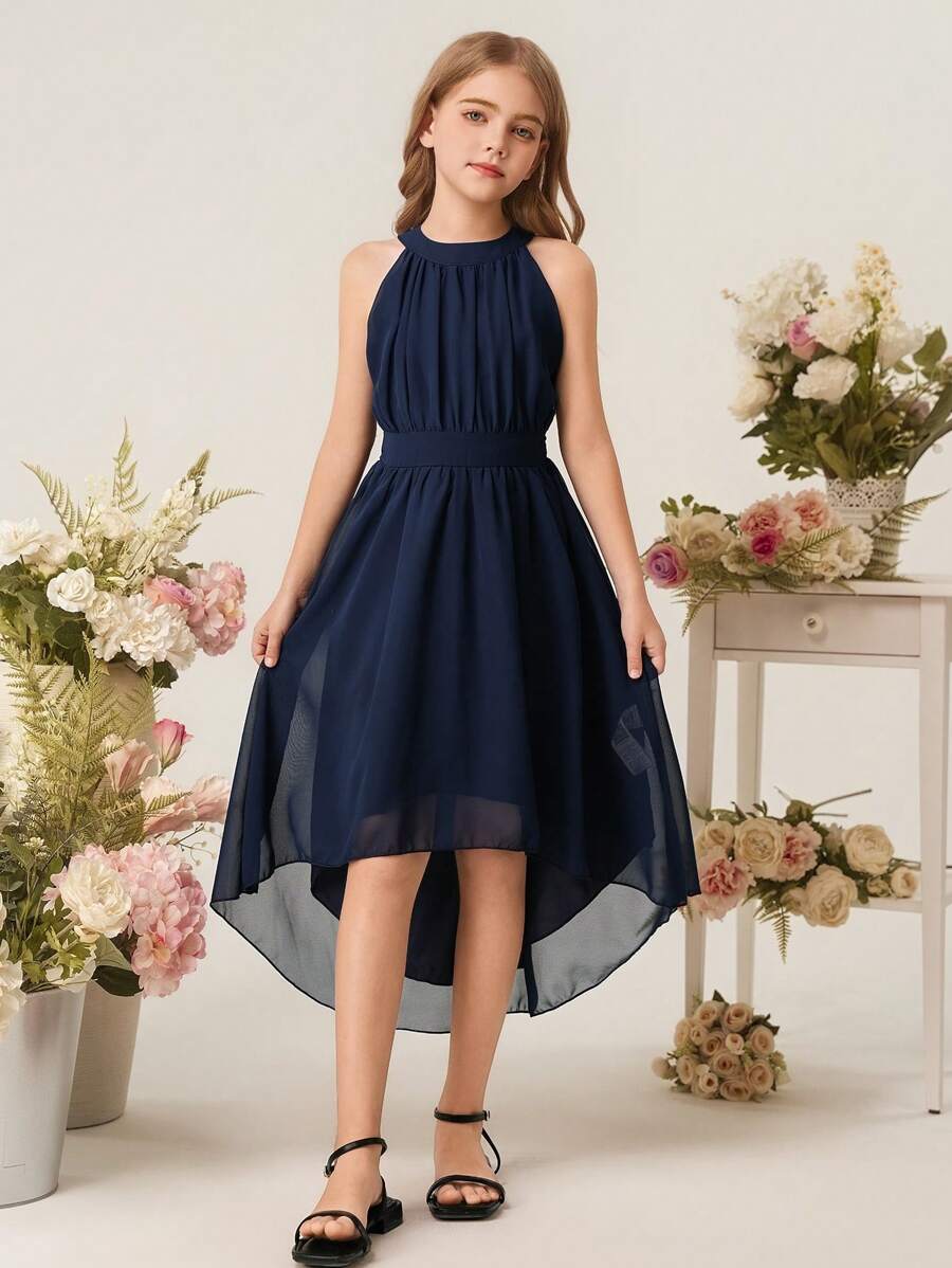 Tween Girls' Round Neck Halter Chiffon Micro-Pleated Waisted Dress ...