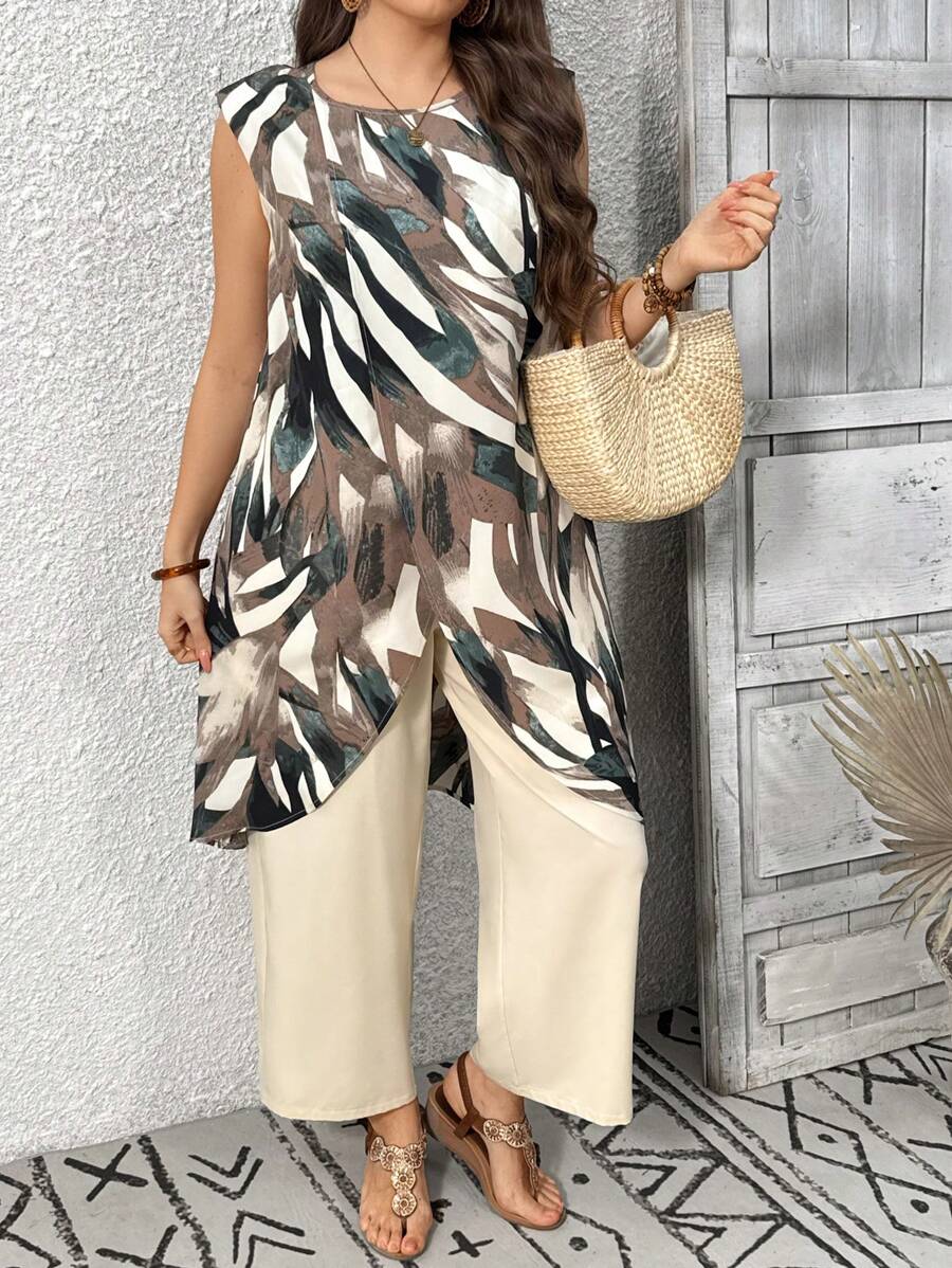 EMERY ROSE Plus Size Vacation Casual All-Over Print Wrap Top And Long Pants 2 Pieces Set | SHEIN USA