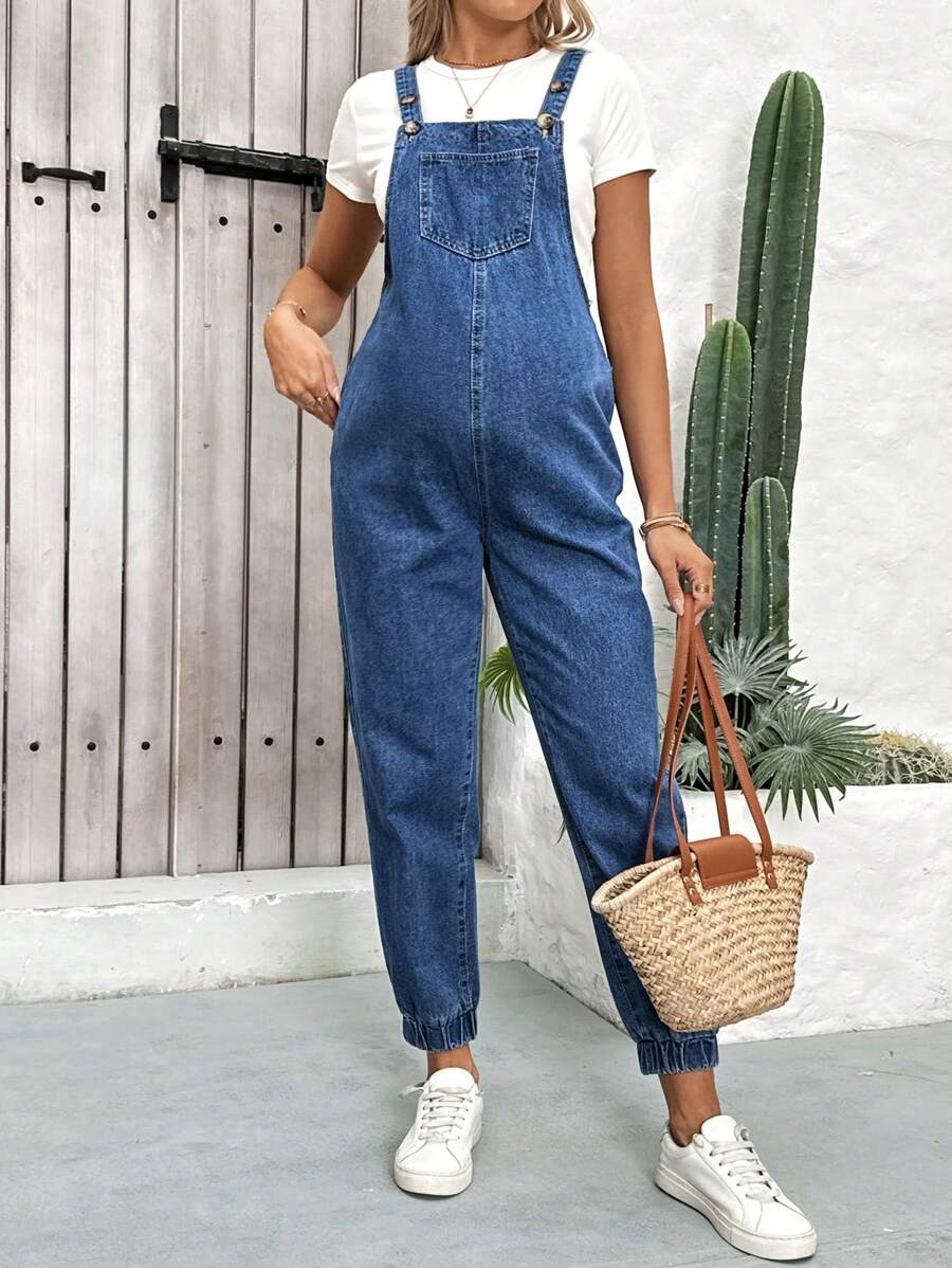 SHEIN Pregnant Women Basic Tight-Fitting Blue Denim Bib Overalls | SHEIN UK