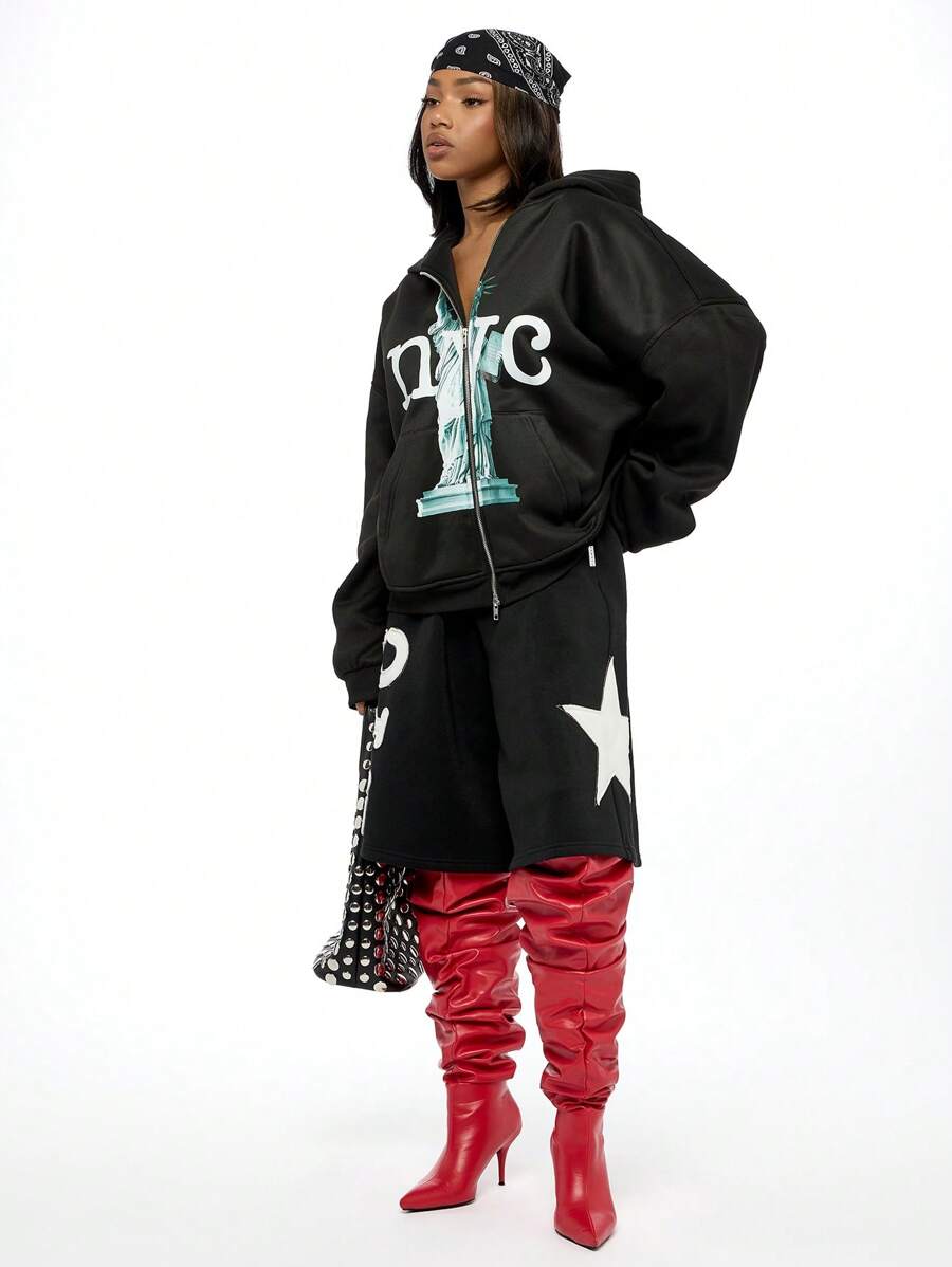 SUMWON WOMEN Elasticated Waist Applique Detail Jorts | SHEIN USA