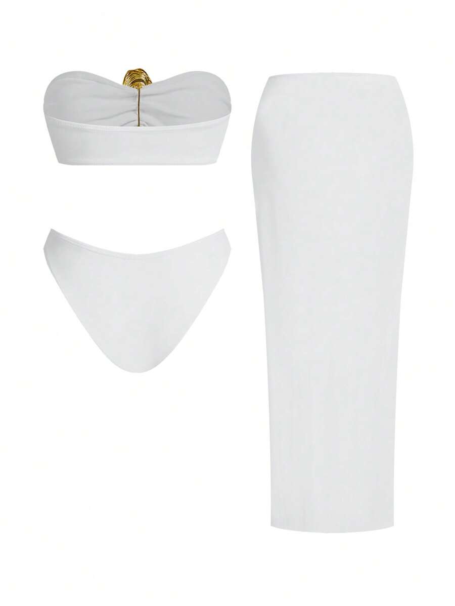 Swim Oasis Metal Decor White Bandeau Bikini Top And Bottom Bikini Set ...