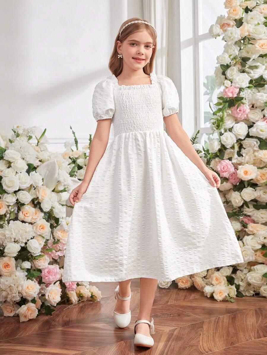 Lunivi Tween Girl Bubble Texture Fabric Bow Belt Puff Sleeve Midi Dress ...