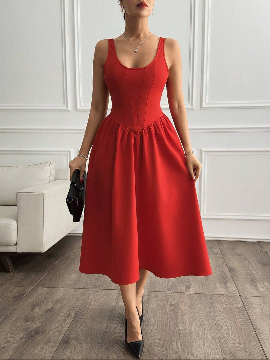 SHEIN Women's Red Corset Detailed Balloon Midi Dress | SHEIN UK