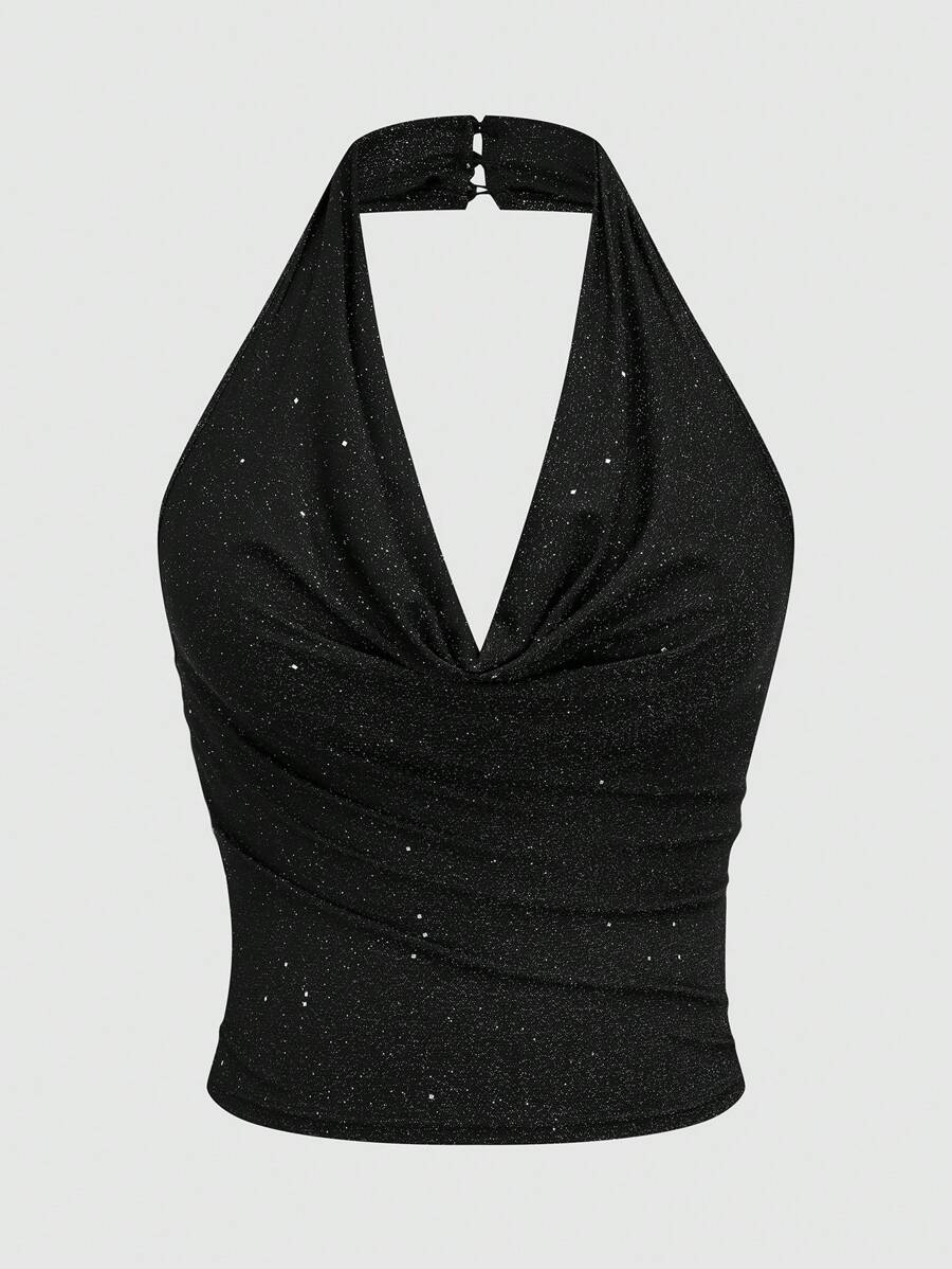 Sweetra Plus Size Women's Plunging V Neck Sparkly Fashion Halter Top ...