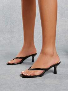 SHUZIA Women's Square Toe Kitten Heel Strappy Thong Glossy Patent Black ...