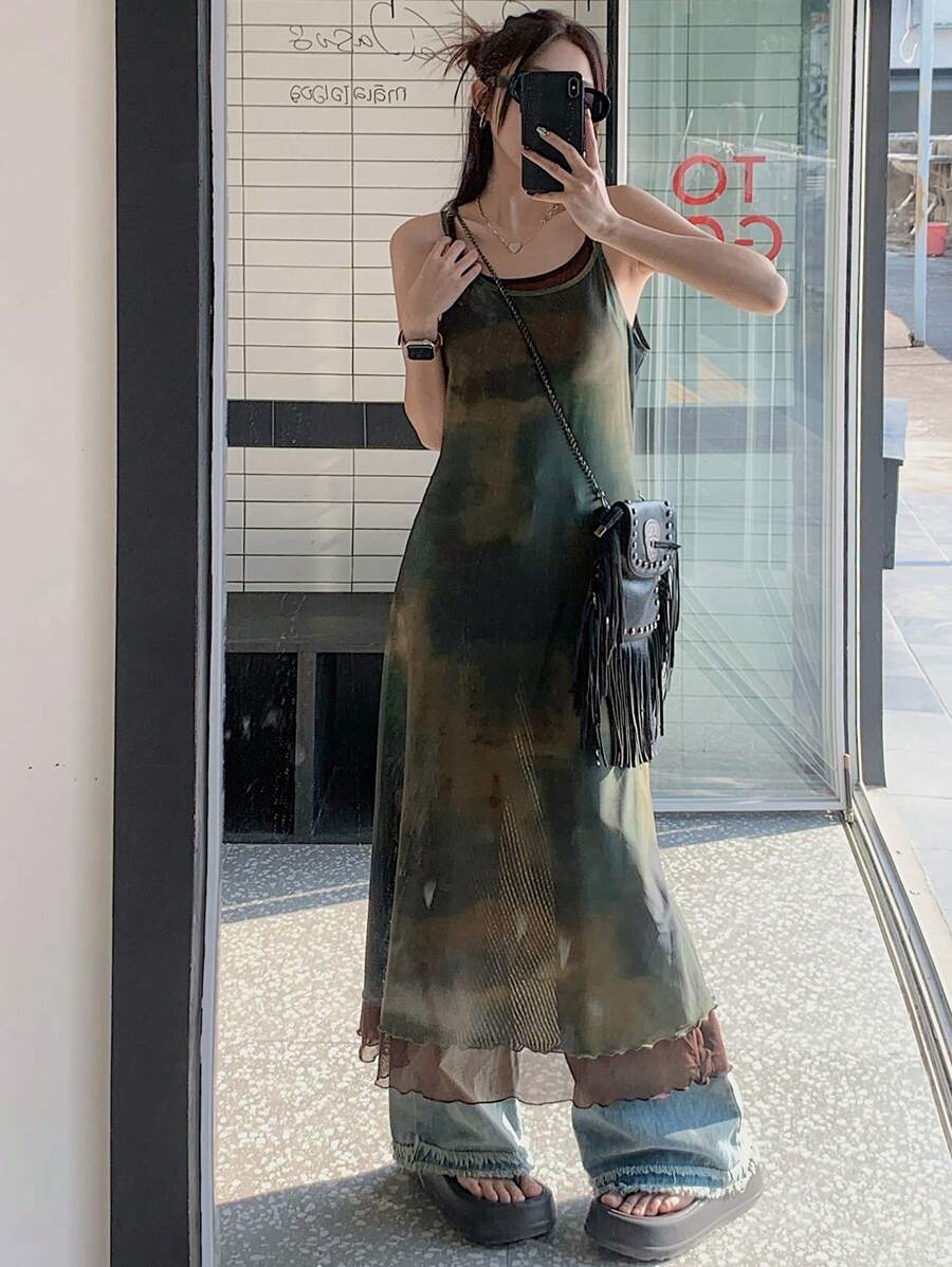 DAZY Tie Dye Layered Lettuce Trim Cami Dress Sundress | SHEIN USA