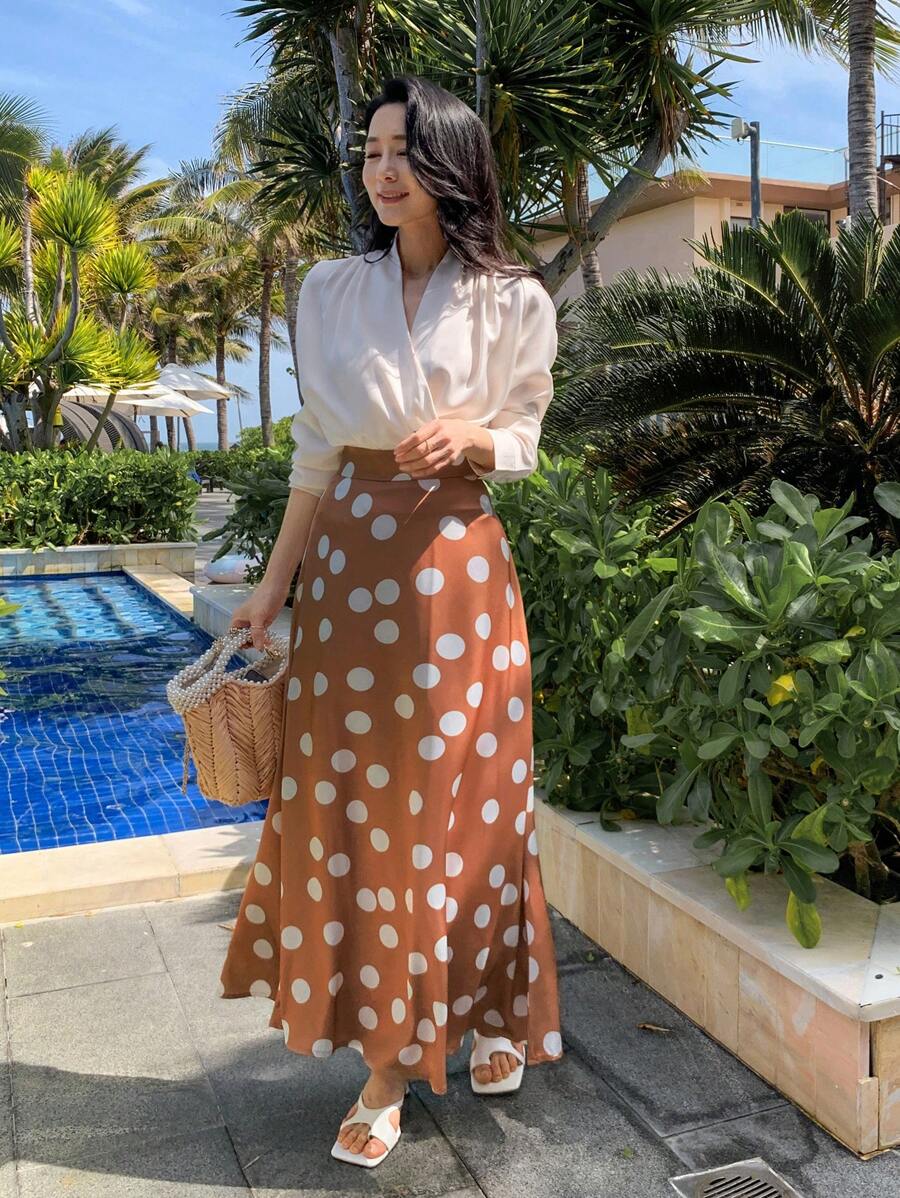 DAZY Set de 2 piezas de blusa con cuello de lunares y falda larga para ...