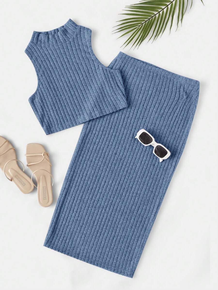 SHEIN EZwear Navy Blue Knit Bodycon Women's Ribbed Tank Top And Mini ...