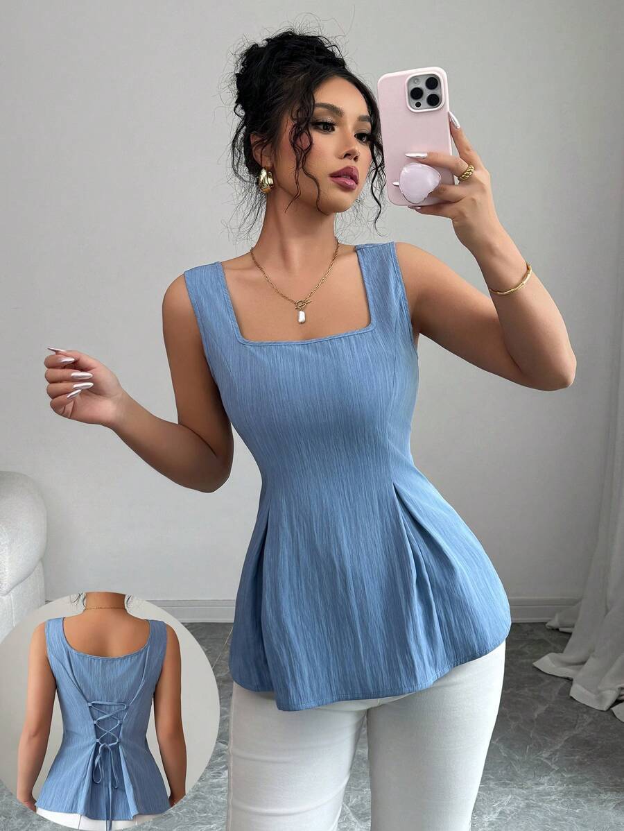 SHEIN Raffinéa 2025 Spring & Summer New Elegant Retro Blue Rope Cinched Waist Square Neck ...