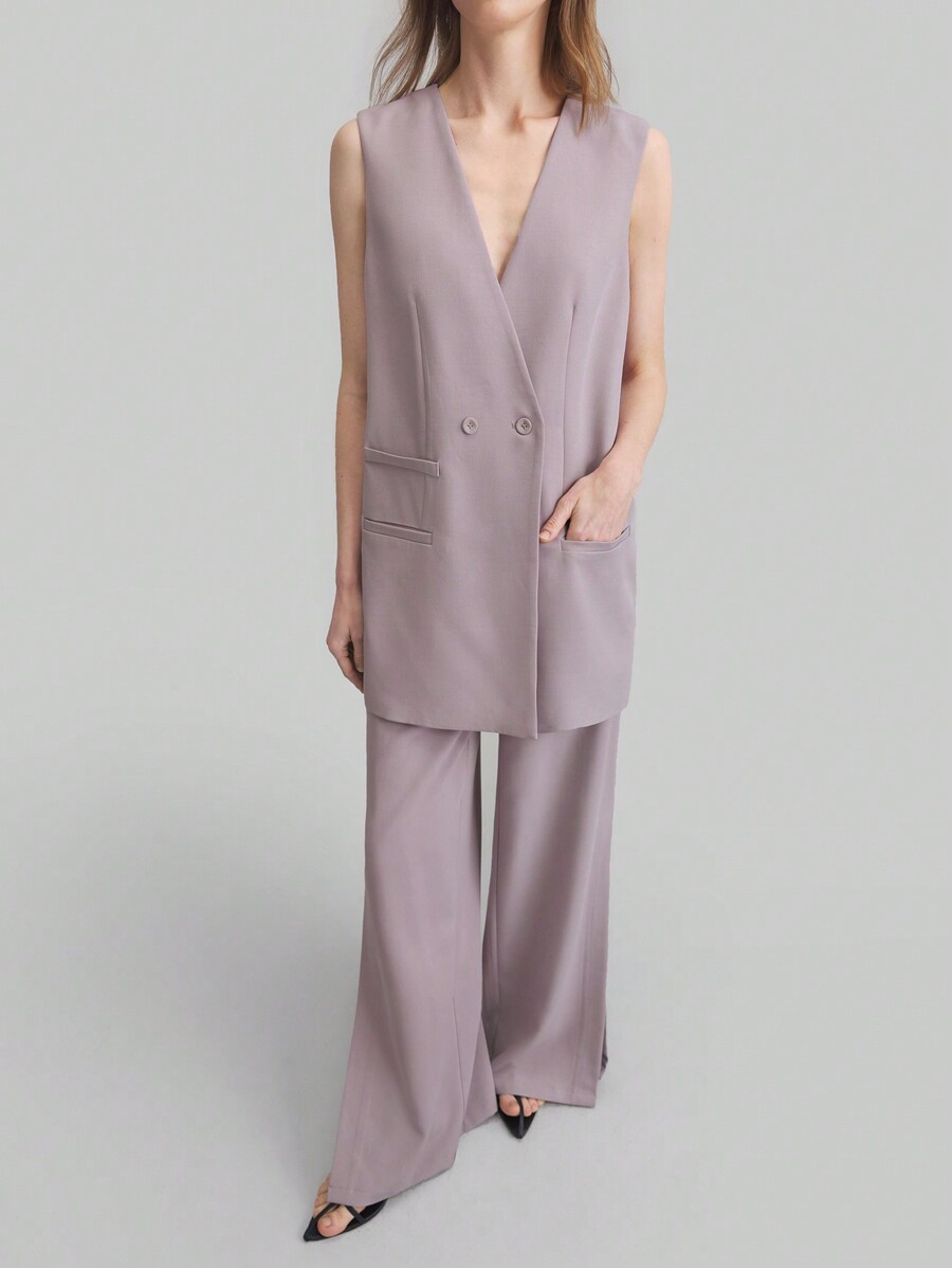 Ontre 2pcs Women Simple Solid Color Double-Breasted Sleeveless Jacket & Side Slit Design Pants ...