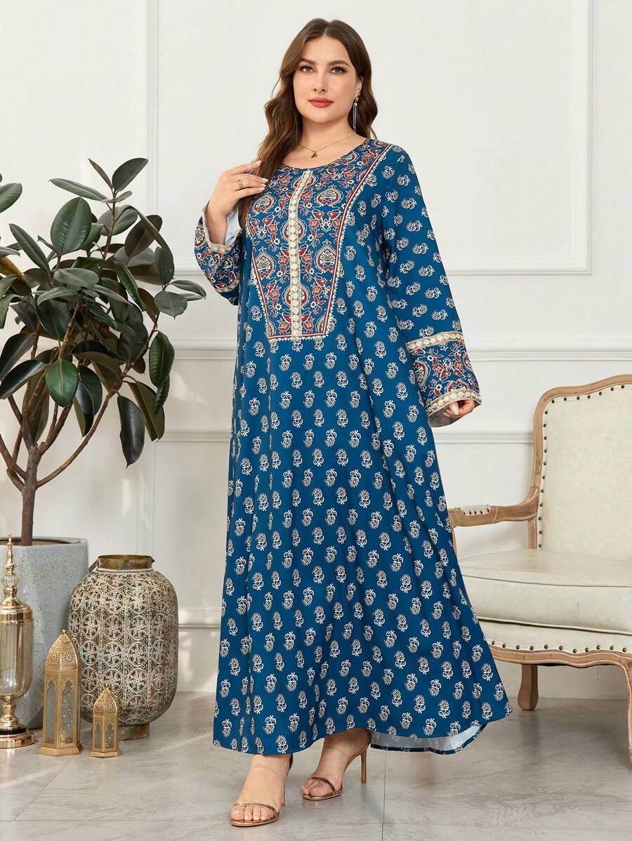 SHEIN Najma Plus Size Women Long Sleeve Floral Trim Arabic Style Dress | SHEIN USA