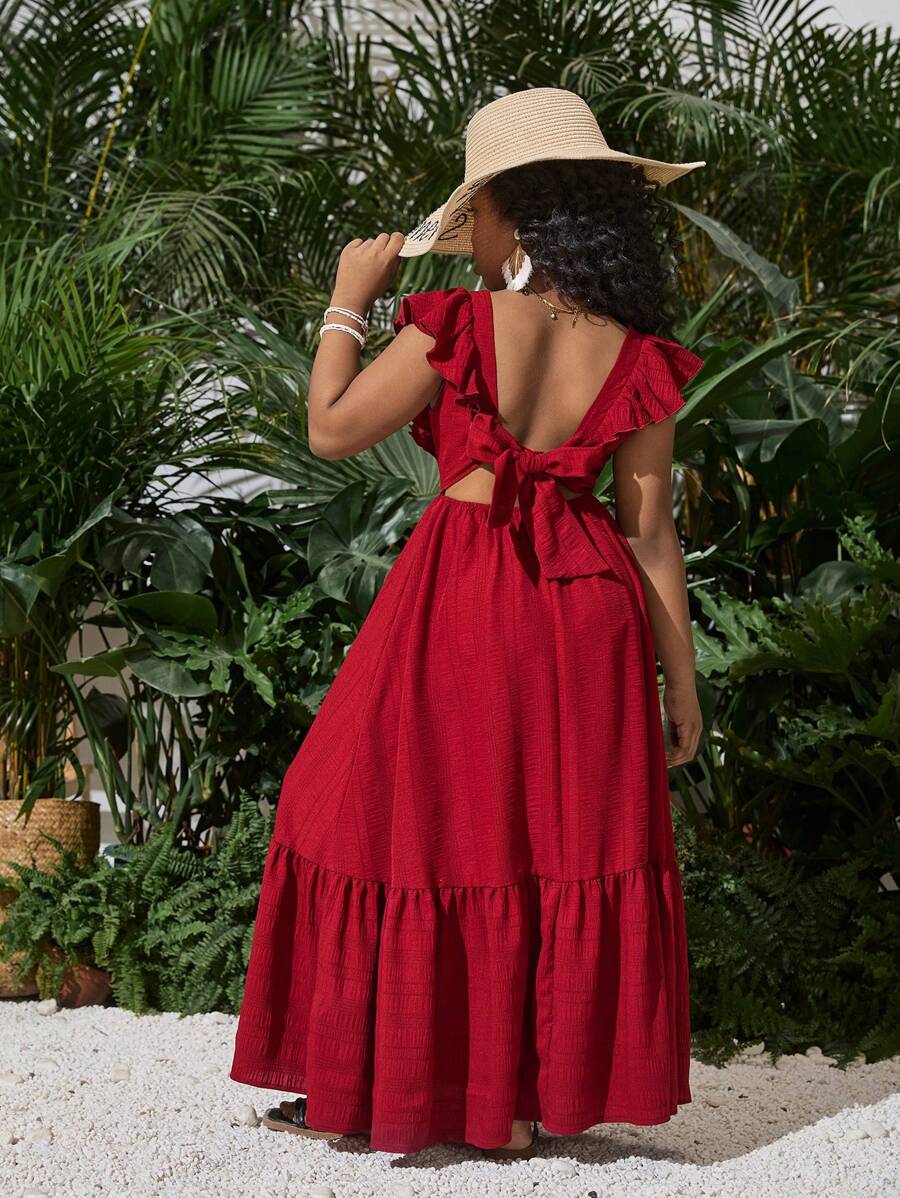 Tween Girls' Textured Woven Backless Bow Dress | SHEIN UK