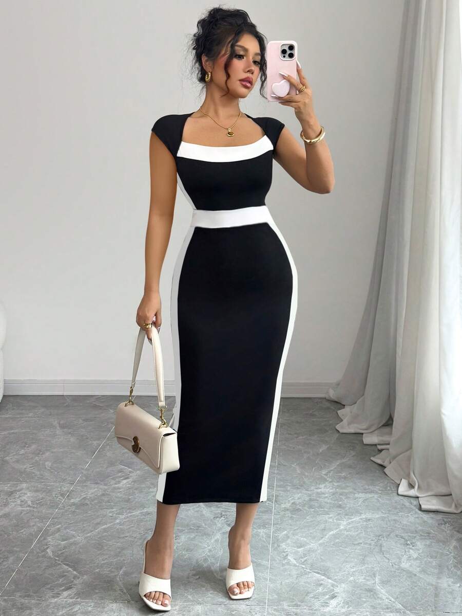 Elenzga New Elegant Square Neck Collar Splice Midi Dress, Figure Flattering Short Sleeve Bodycon ...