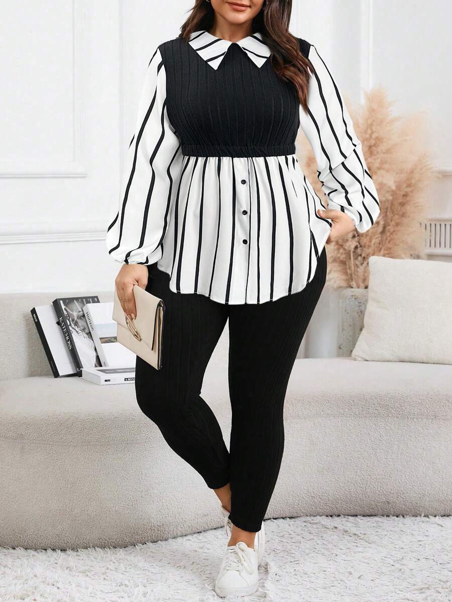 SHEIN VCAY 2pcs/Set Plus Size Women Striped Long Sleeve Two-Piece Top ...