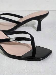 SHUZIA Women's Square Toe Kitten Heel Strappy Thong Glossy Patent Black ...