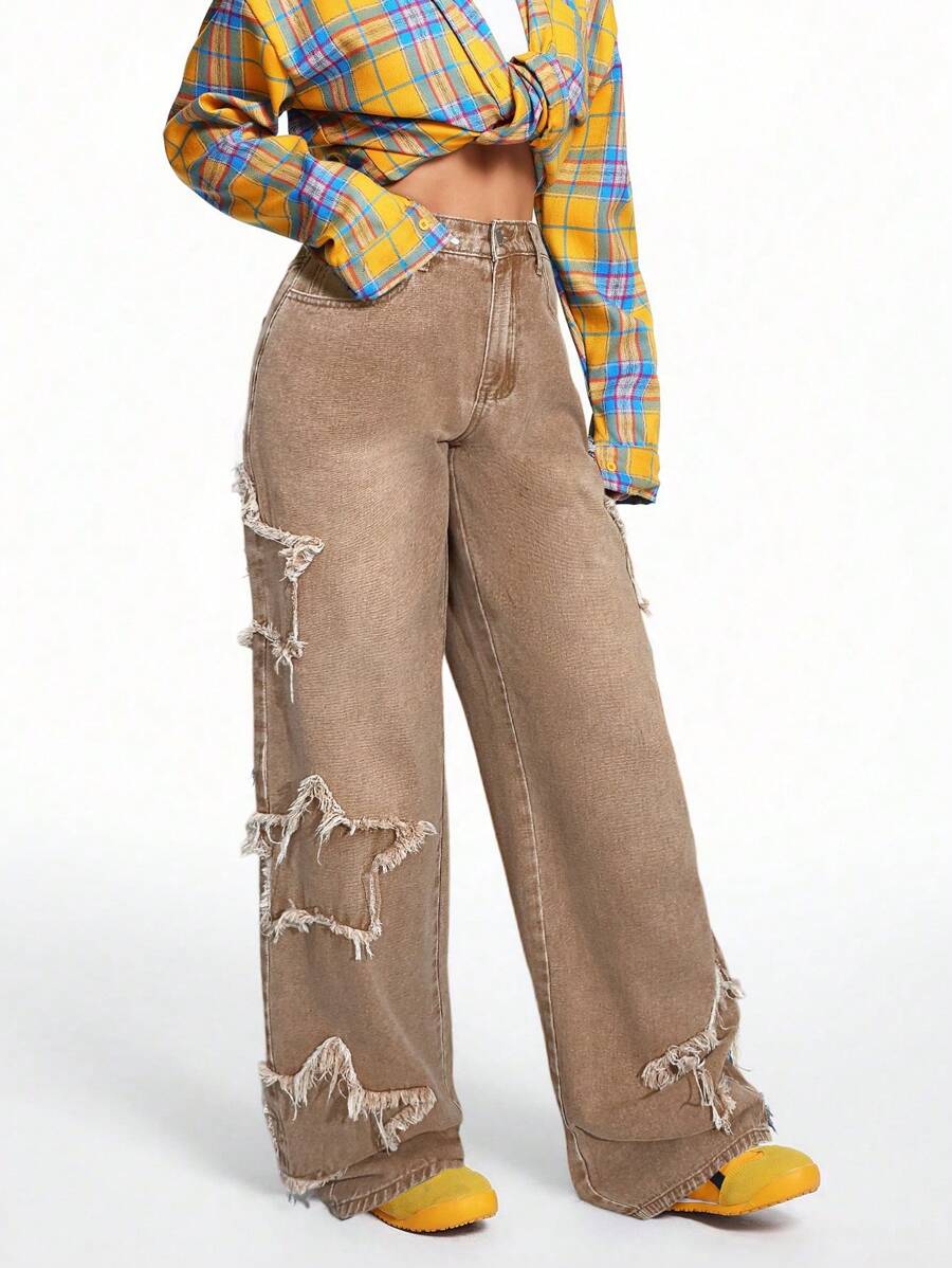 SHEIN ICON Women's Jeans Raw Edge Star Pattern Denim Blue Loose ...