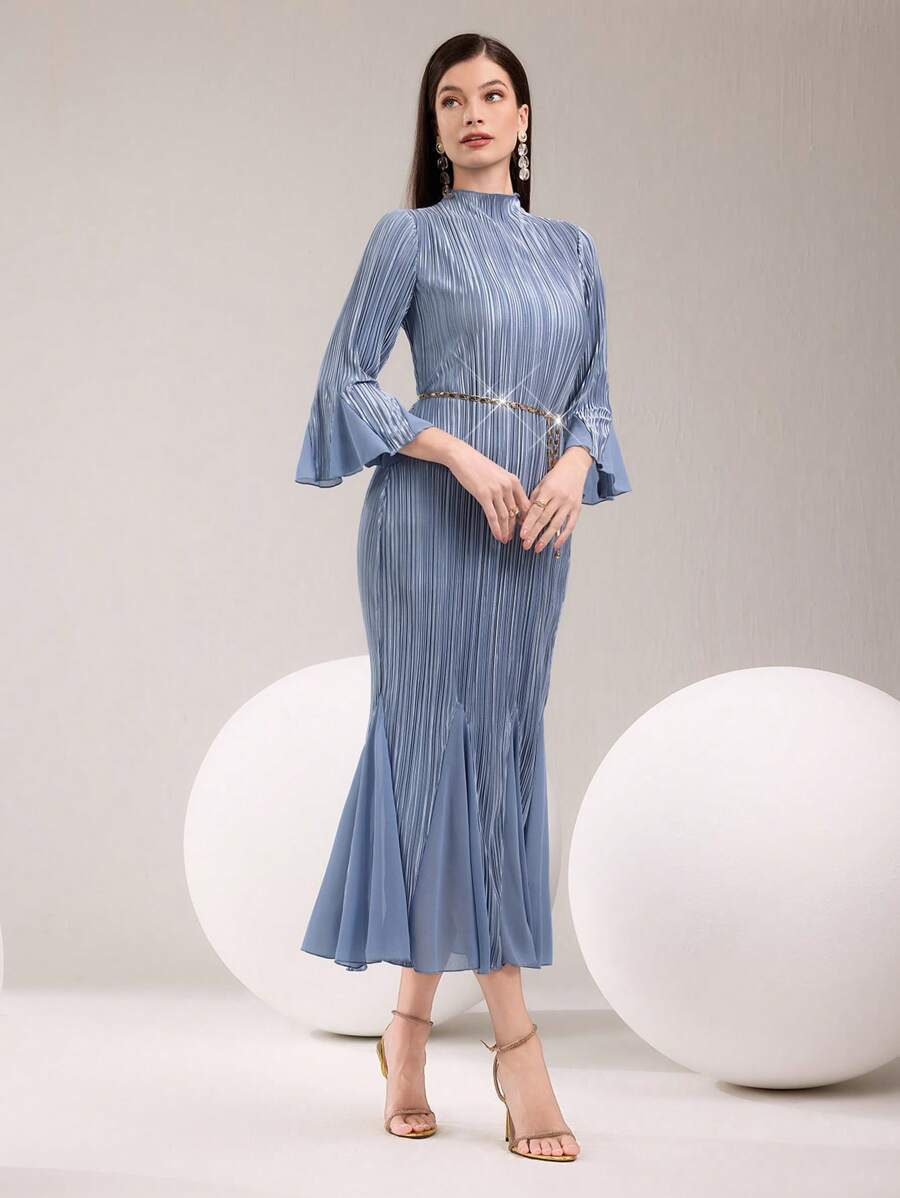 Modelyn Women's Elegant Solid Color Pleated Flare Sleeve Mermaid Dress | SHEIN USA