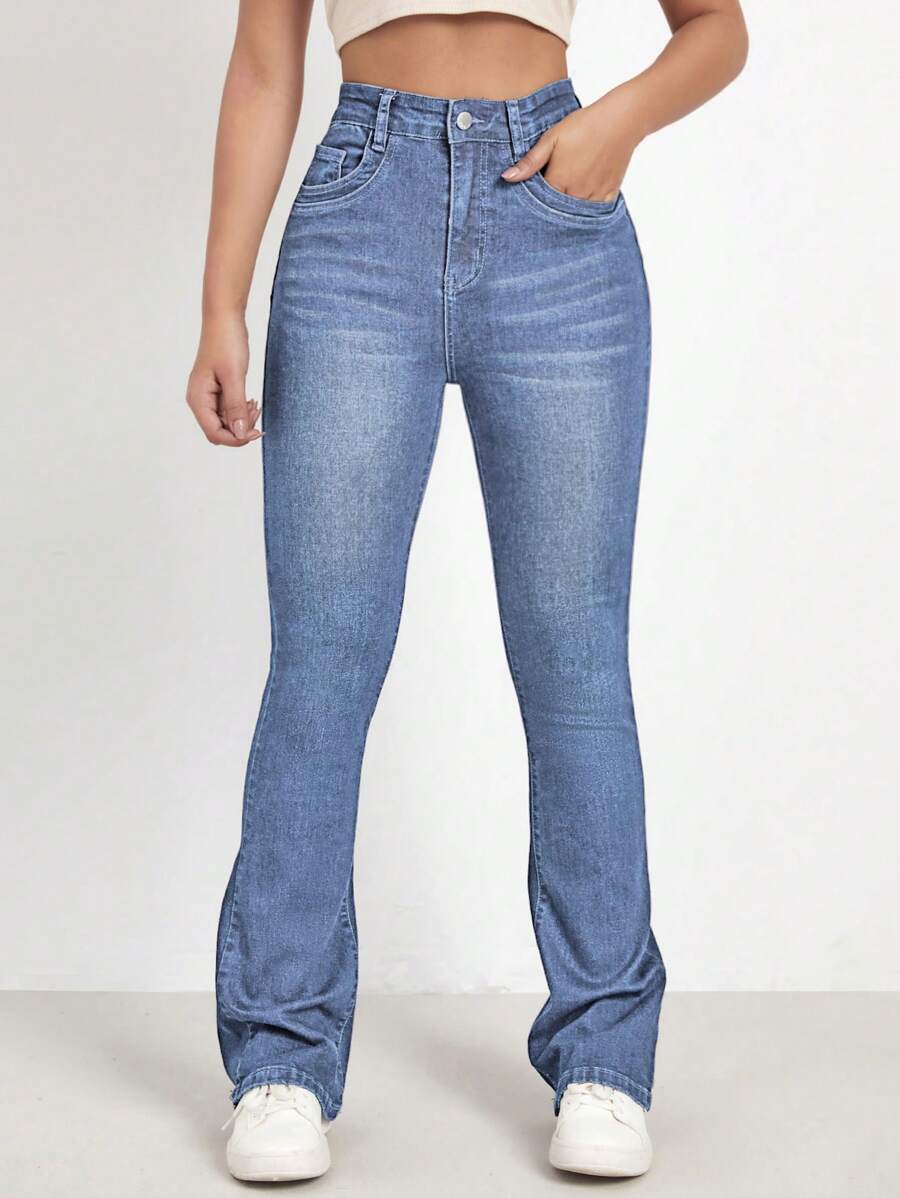 SHEIN EZwear Washed Denim Blue High Waist Bleach Wash Flare Leg Jeans ...