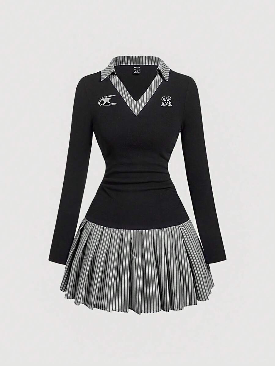 SHEIN MOD Black & Striped Patchwork College Style Retro American Sporty ...