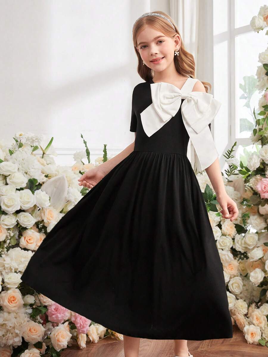 SHEIN Girls Big Tween Girl White Big Bow Decor Black Waisted Short ...