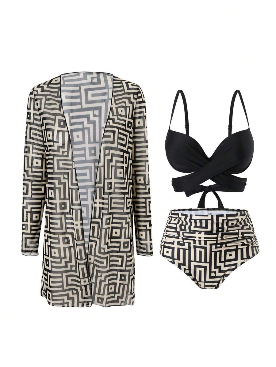 Summer 3pcs Set: Printed Random Solid Hard Cup Underwire Bra, High ...