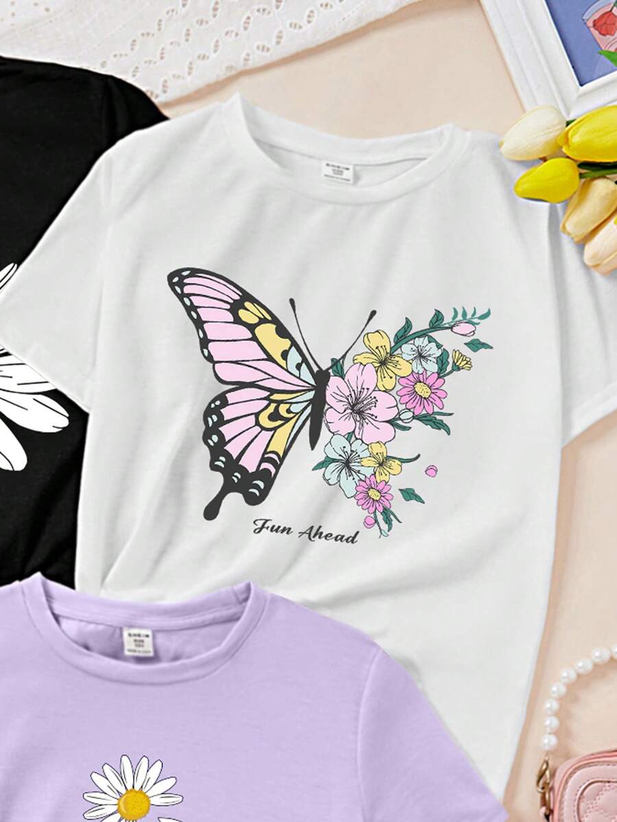 Tween Girls Casual Cartoon Graphic Multiple T-Shirts, Suitable For ...