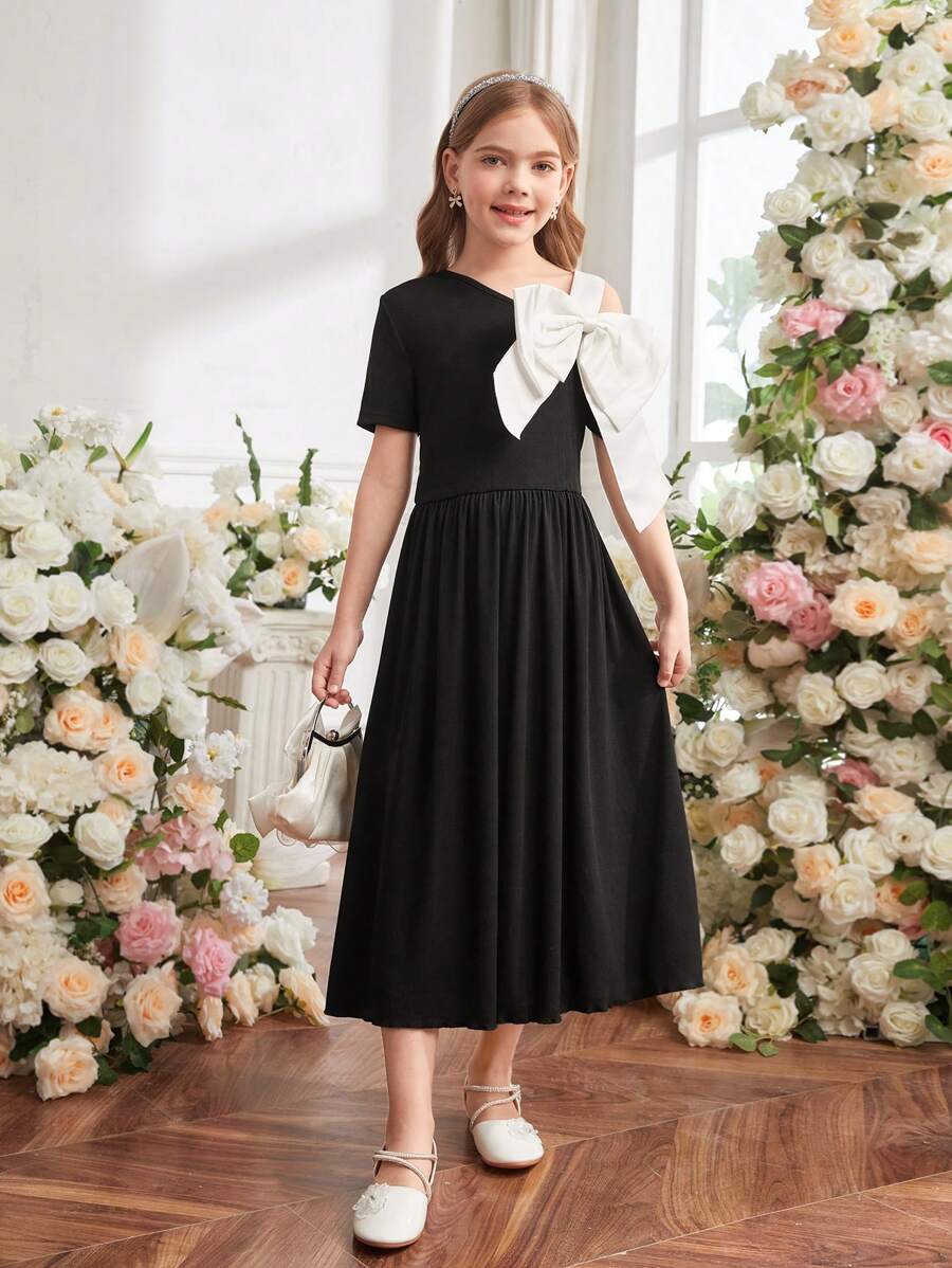 SHEIN Girls Big Tween Girl White Big Bow Decor Black Waisted Short ...