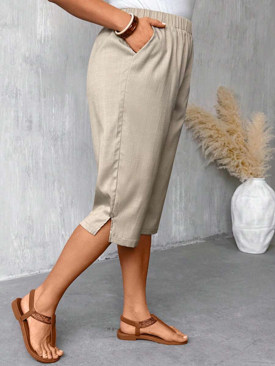 EMERY ROSE Plus Size Women's Solid Wood Button Slit 7/10 Pants, Casual ...