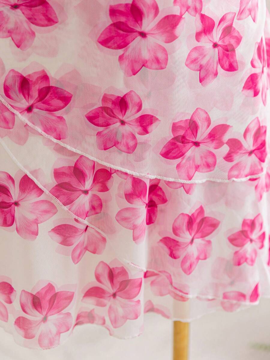 SHEIN WYWH Plus Size Women Romantic Pink Floral Print Asymmetric Hem V ...