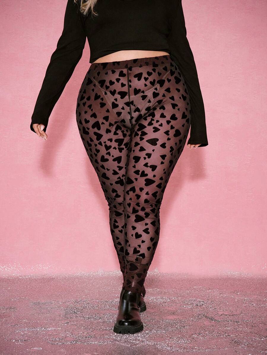 SHEIN EZwear Plus Size Sheer Heart Fishnet Leggings,Valentine Day for ...