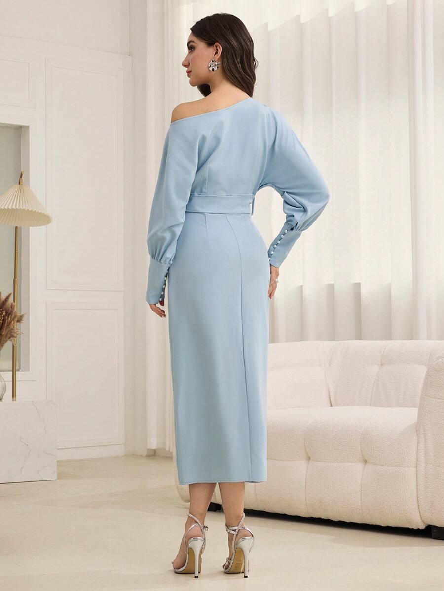 SHEIN Modely 2025 Lente/Zomer Dames Asymmetrische Open Schouder Lange Mouw Jurk Met Strik ...