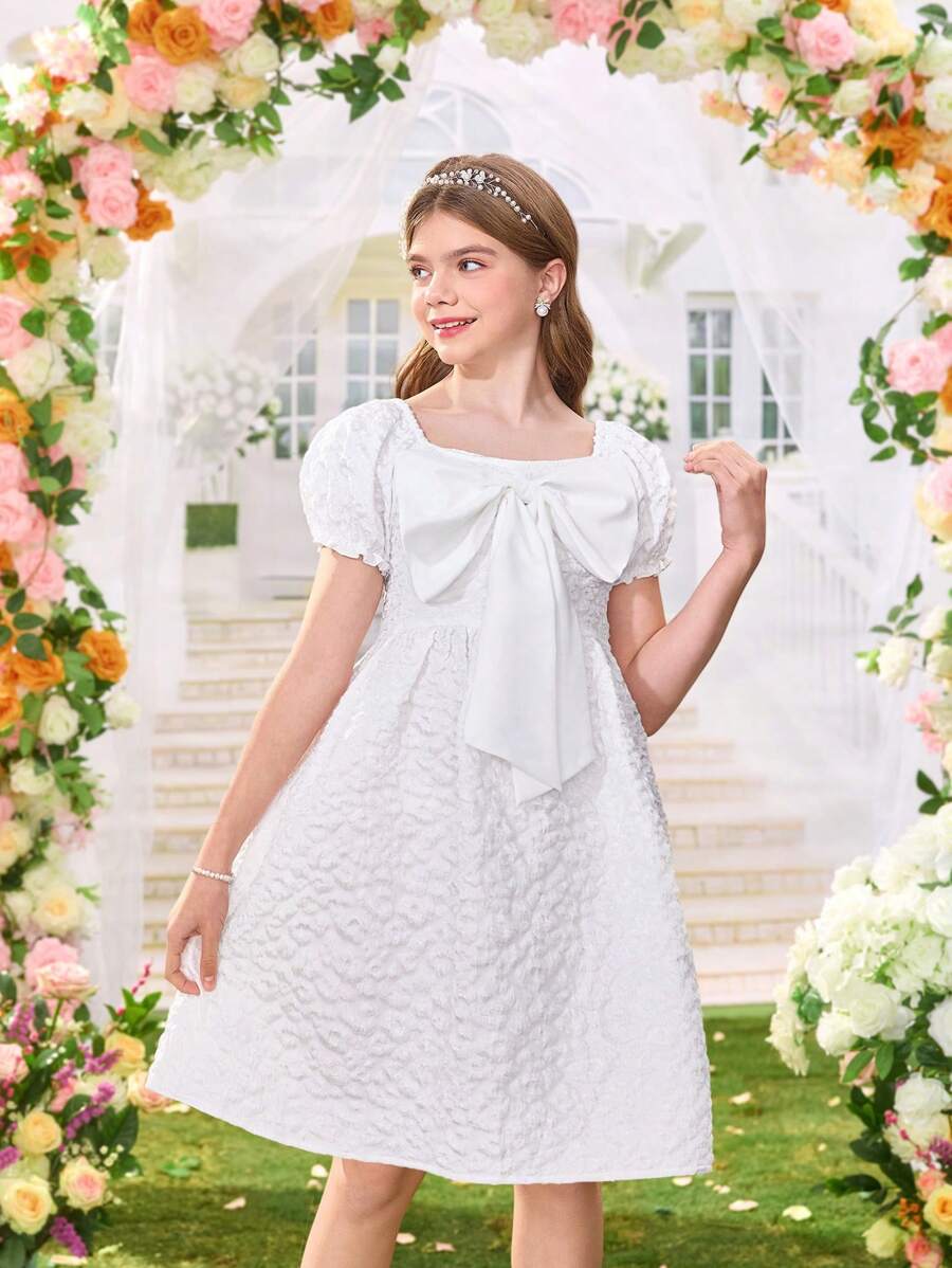 1pc Tween Girls Textured Bowknot Puff Sleeve Elegant A-Line Dress ...