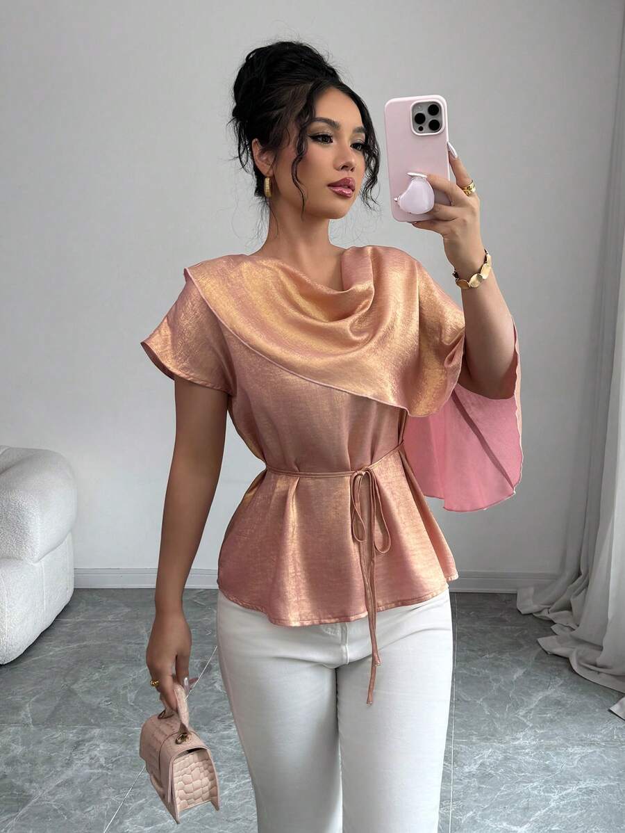 Elenzga Satin Shawl Collar French Aristocratic Slim Waist Short Sleeve ...