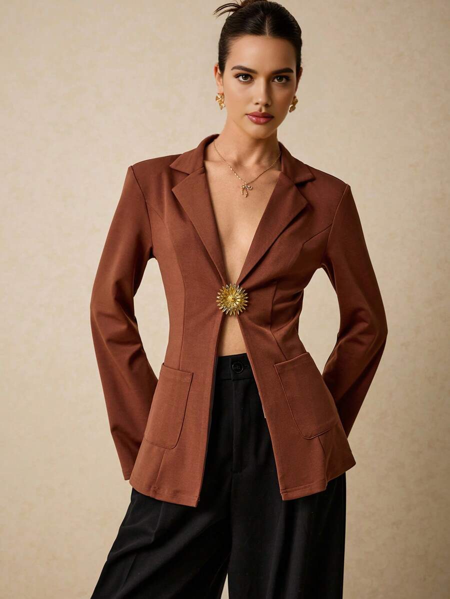 Poéselle Chic Brown Blazer With Statement Brooch - Perfect For ...