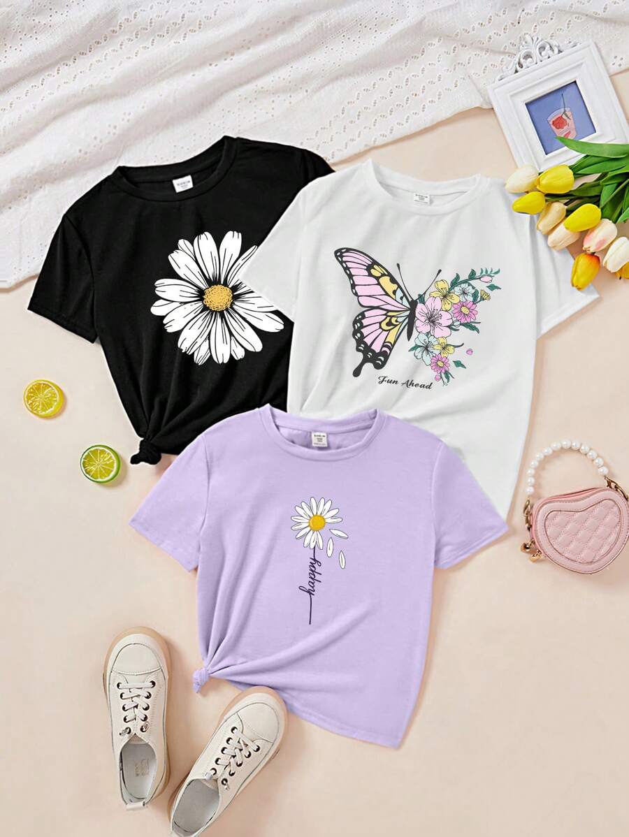 Tween Girls Casual Cartoon Graphic Multiple T-Shirts, Suitable For ...
