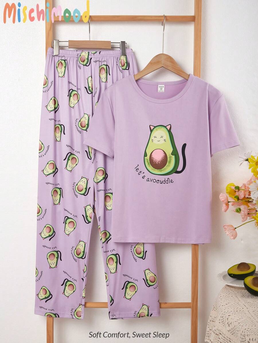 2pcs Set Tween Girls Cute Avocado Pattern Round Neck Short Sleeve Top ...