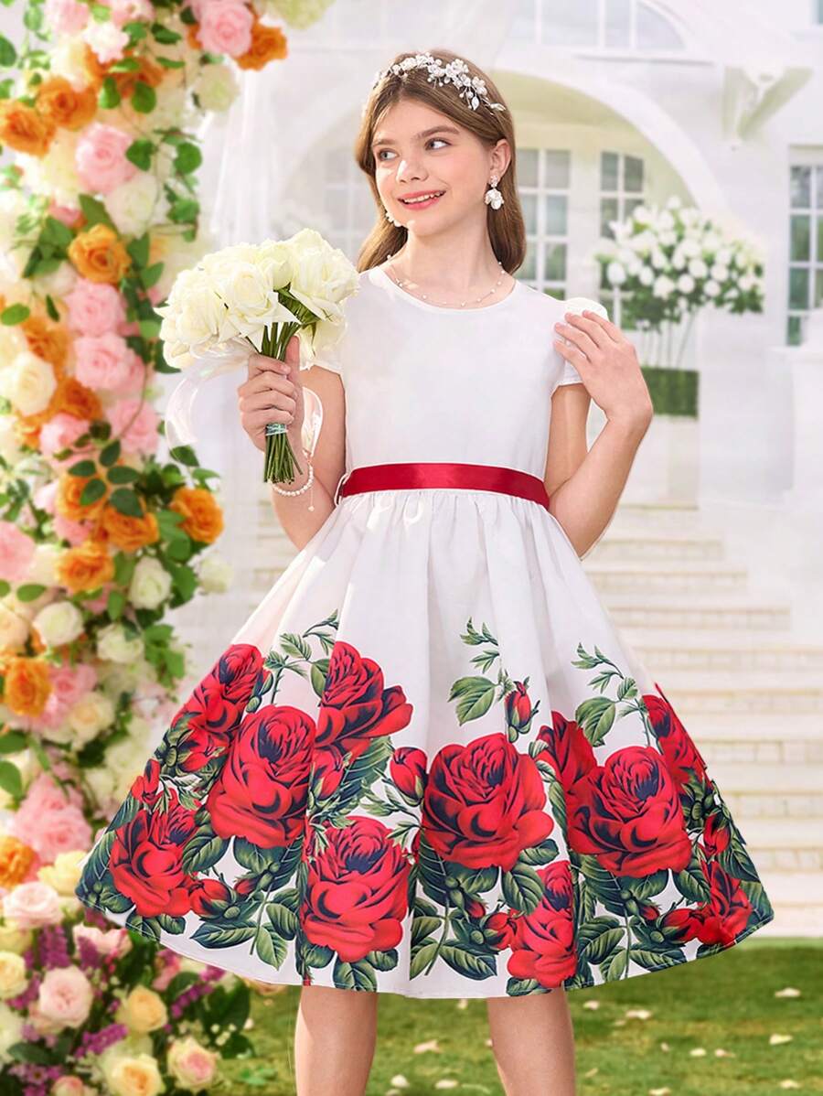 1pc Tween Girls Rose Floral Print Bubble Short Sleeve High Waist Dress ...