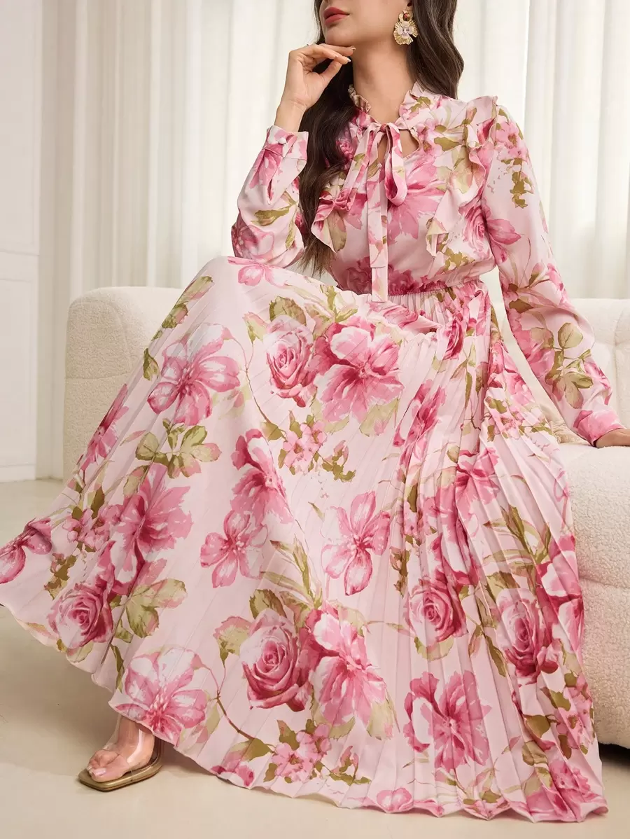 Modelyn Ruffled Tie Neck Pleat Patchwork Floral Print Dress | SHEIN USA