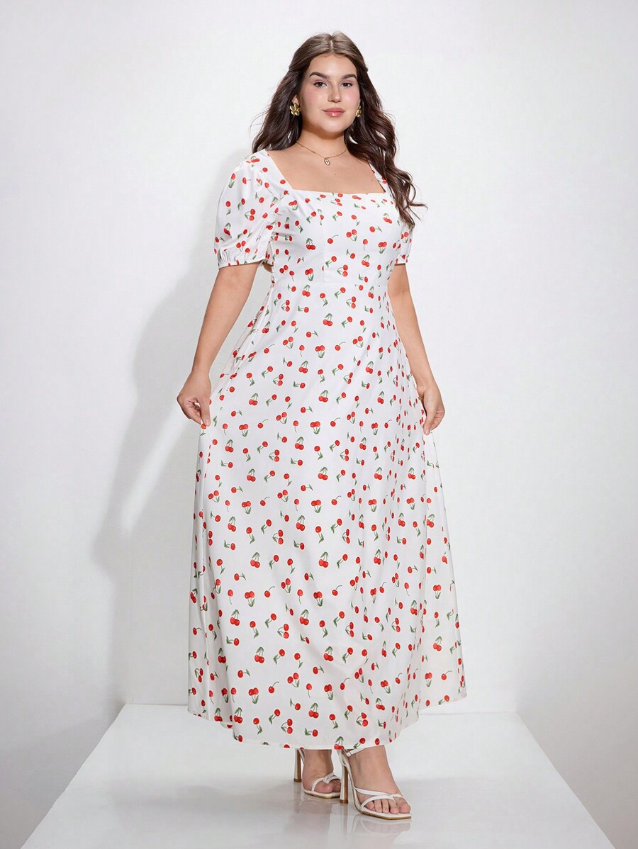 Shein Mod Plus Size Cute Girl's Puff Sleeve Criss-cross Back Cherry