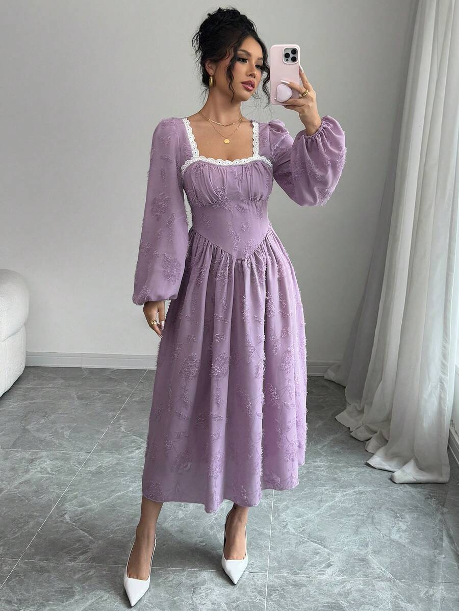 SHEIN Modely Vestido morado de longitud media de mujer entallado y acampanado con estampado ...
