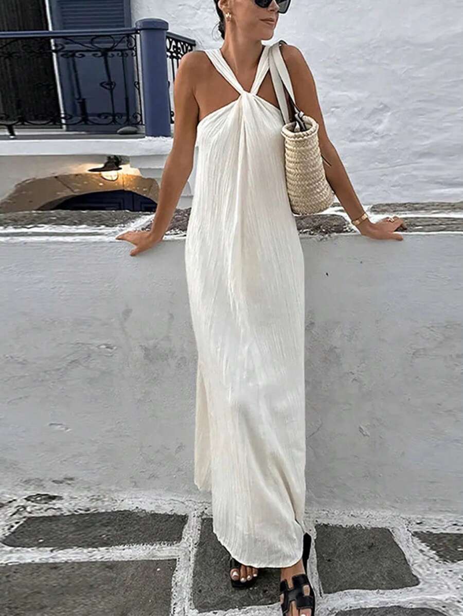 Vivid Eden Women Beach White Plain Weave Halter Dress | SHEIN UK