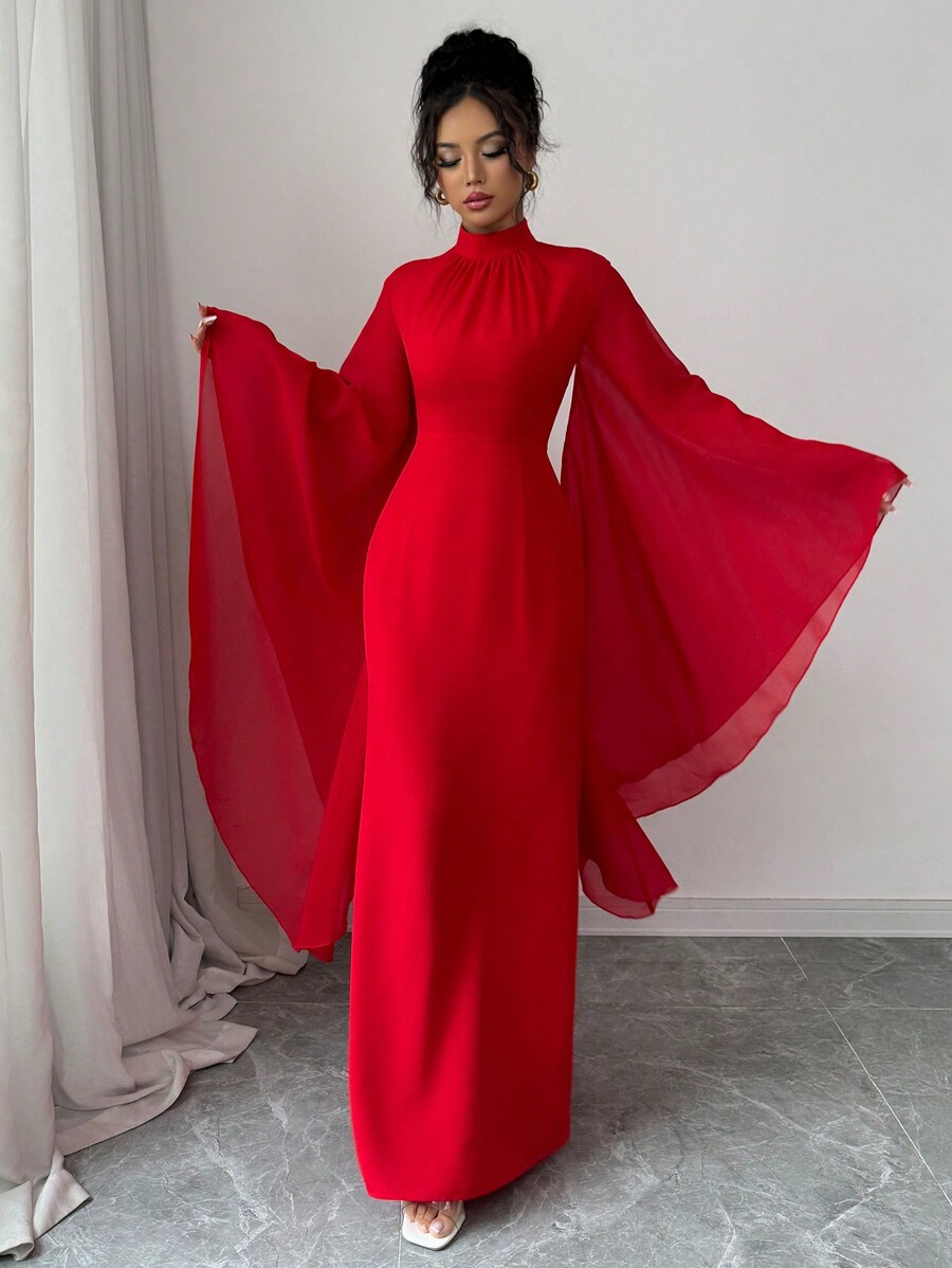 Elenzga Elegant Lady's Stand Collar Long See-Through Flare Sleeve Cinched Waist Fish Tail Hem ...