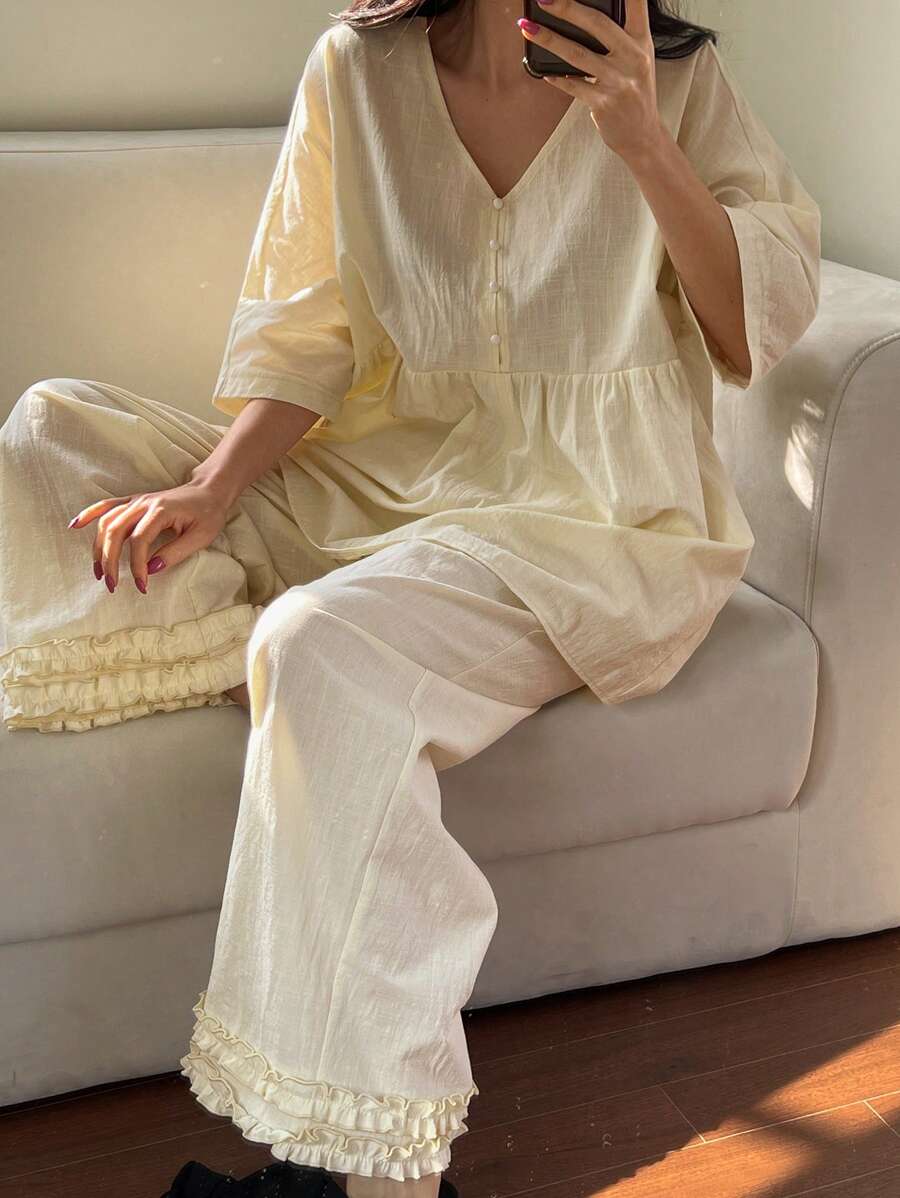 DAZY Conjunto de pijama de mujer con cuello en V y volantes en un ...