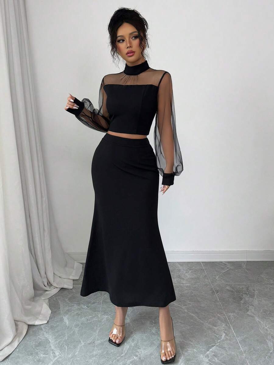 Elenzga 2pcs/Set Women Splice Stand Collar Waist Fitted Fishtail ...