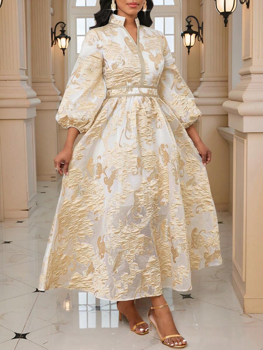 SHEIN Lady Robe longue modeste avec manches lanternes et jacquard floral, élégante pour les ...