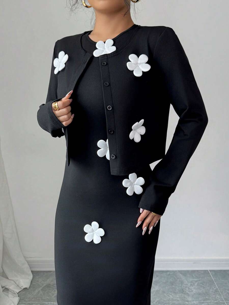 SHEIN PETITE Women's 2025 New Floral Full-Body Bodycon 2-Piece Outfit ...