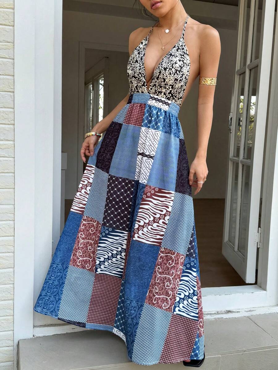SHEIN Unity Bohemian Style Halter Backless Long Dress, Simple Fashion ...